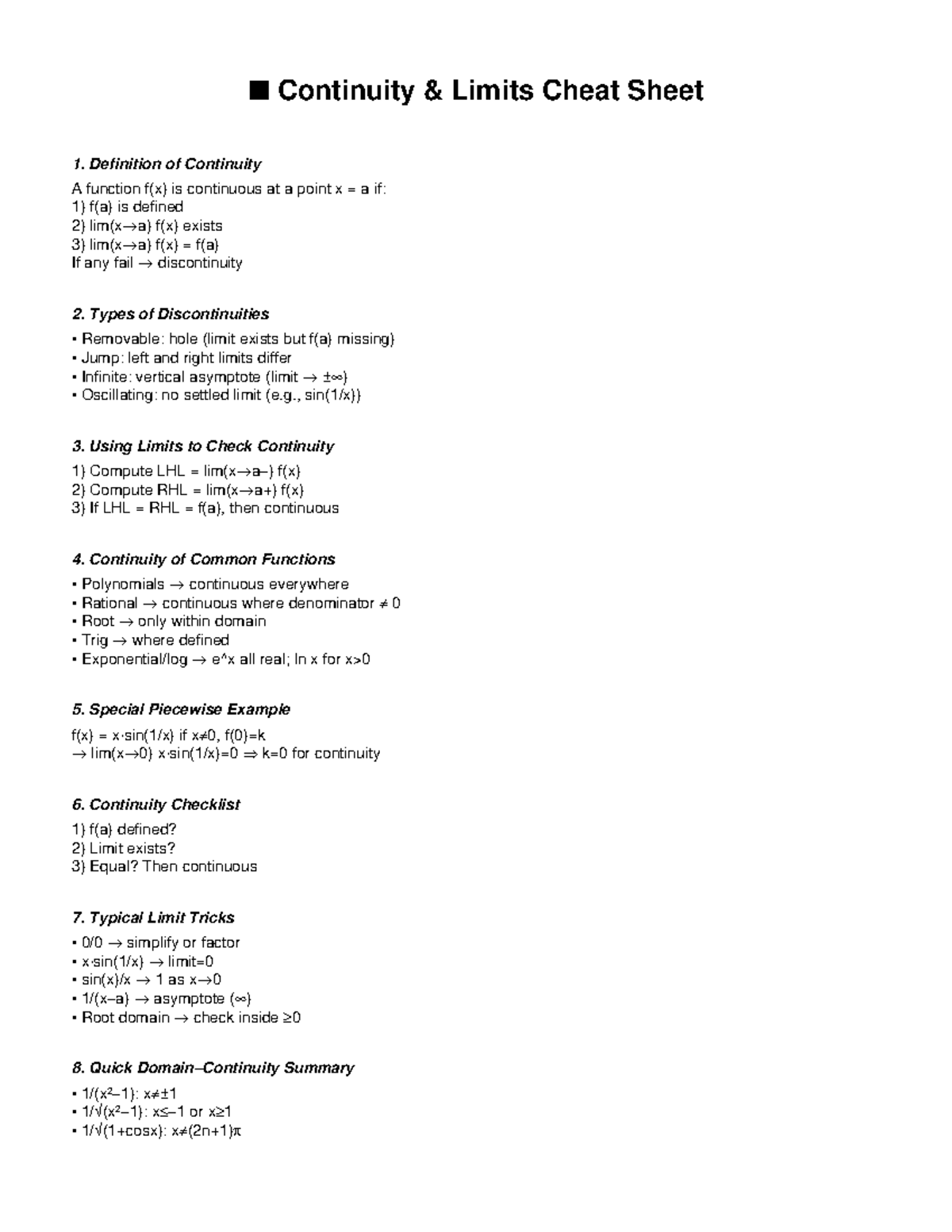 Continuity and Limits Cheat Sheet: Key Definitions and Types - Studocu