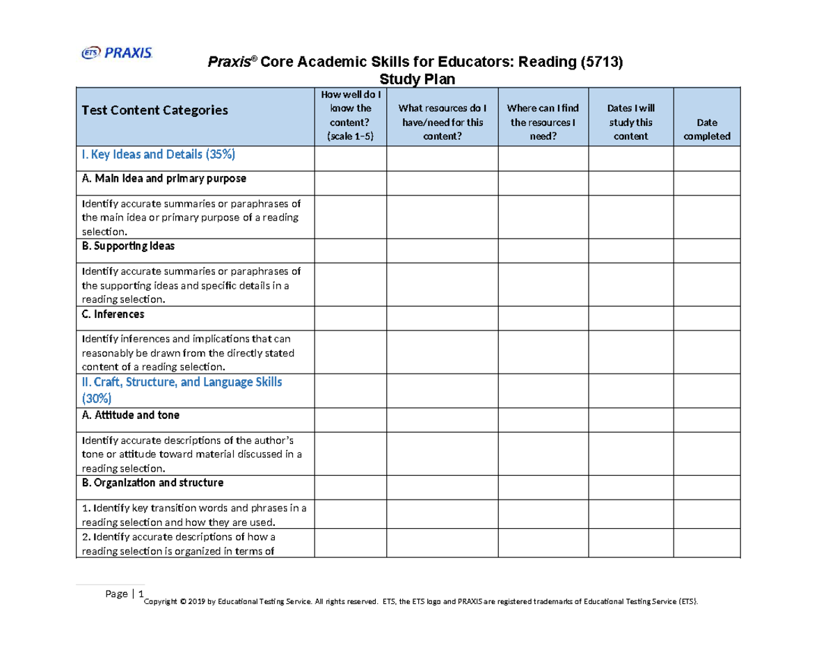 Core Academic Skills for Educators: Reading (5713) Study Plan Guide ...