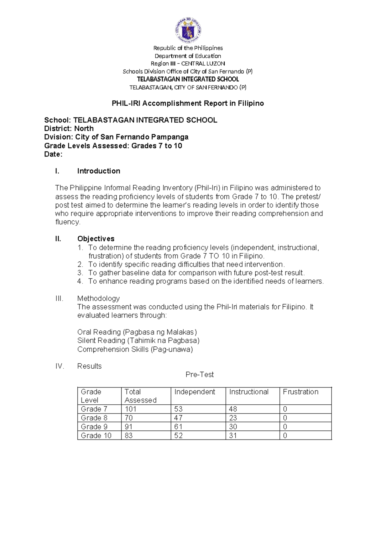 Accomplishment Report on Filipino Reading Proficiency Assessment ...
