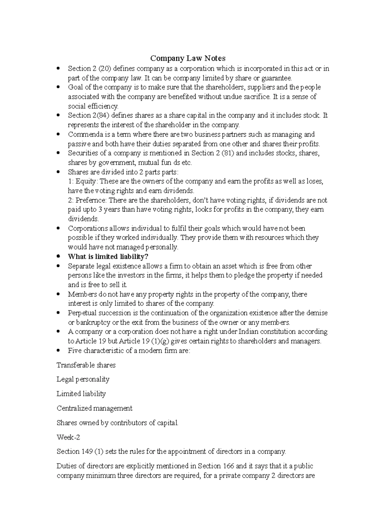 Company law Full Notes - Notes on Company Law - Studocu