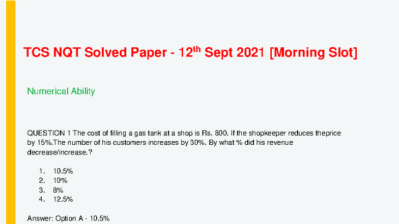 TCS NQT Solved Paper - 12th Sep 2021 - Numerical Ability & Reasoning ...
