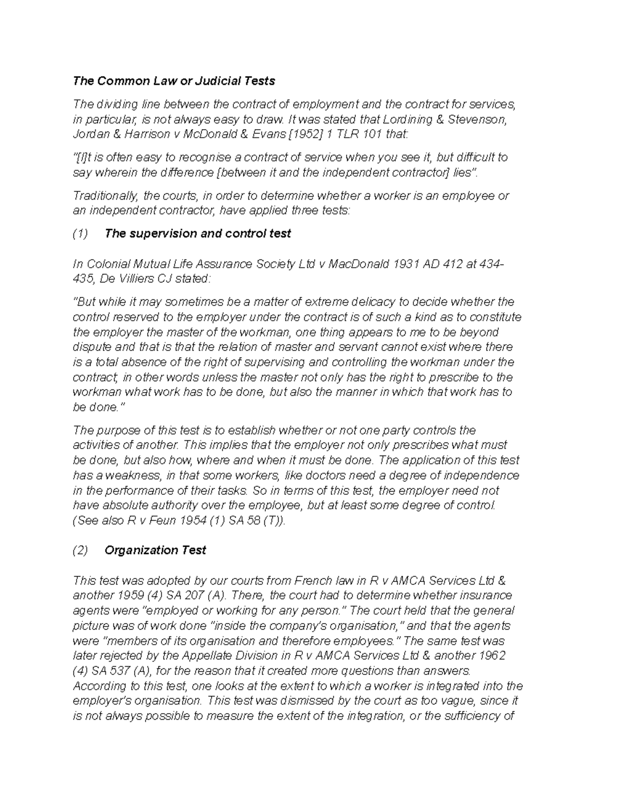 Employee vs Independent Contractor: Common Law Tests Explained - Studocu