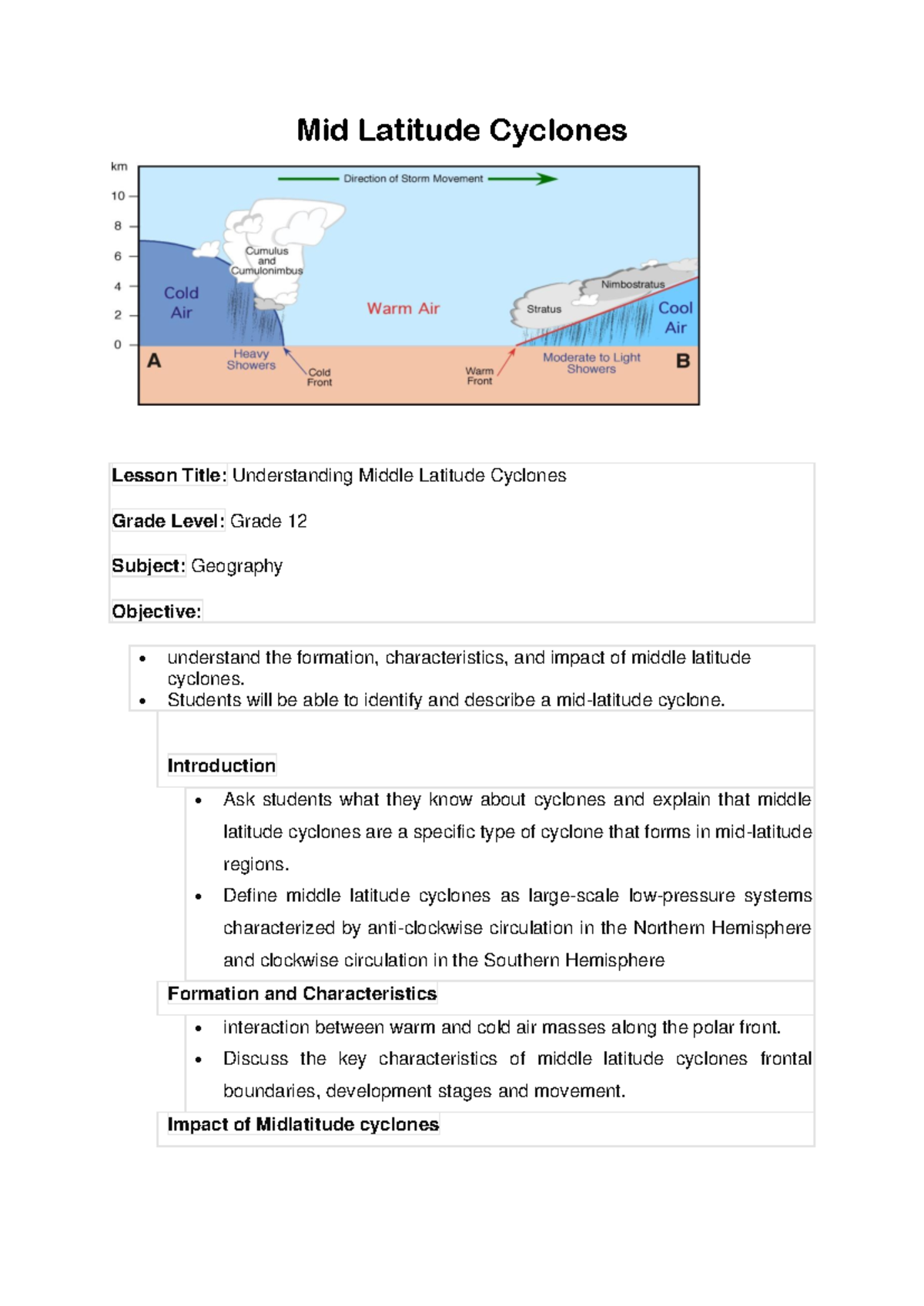 Gr 12 Geography: Lesson Plan on Mid-Latitude Cyclones - Studocu