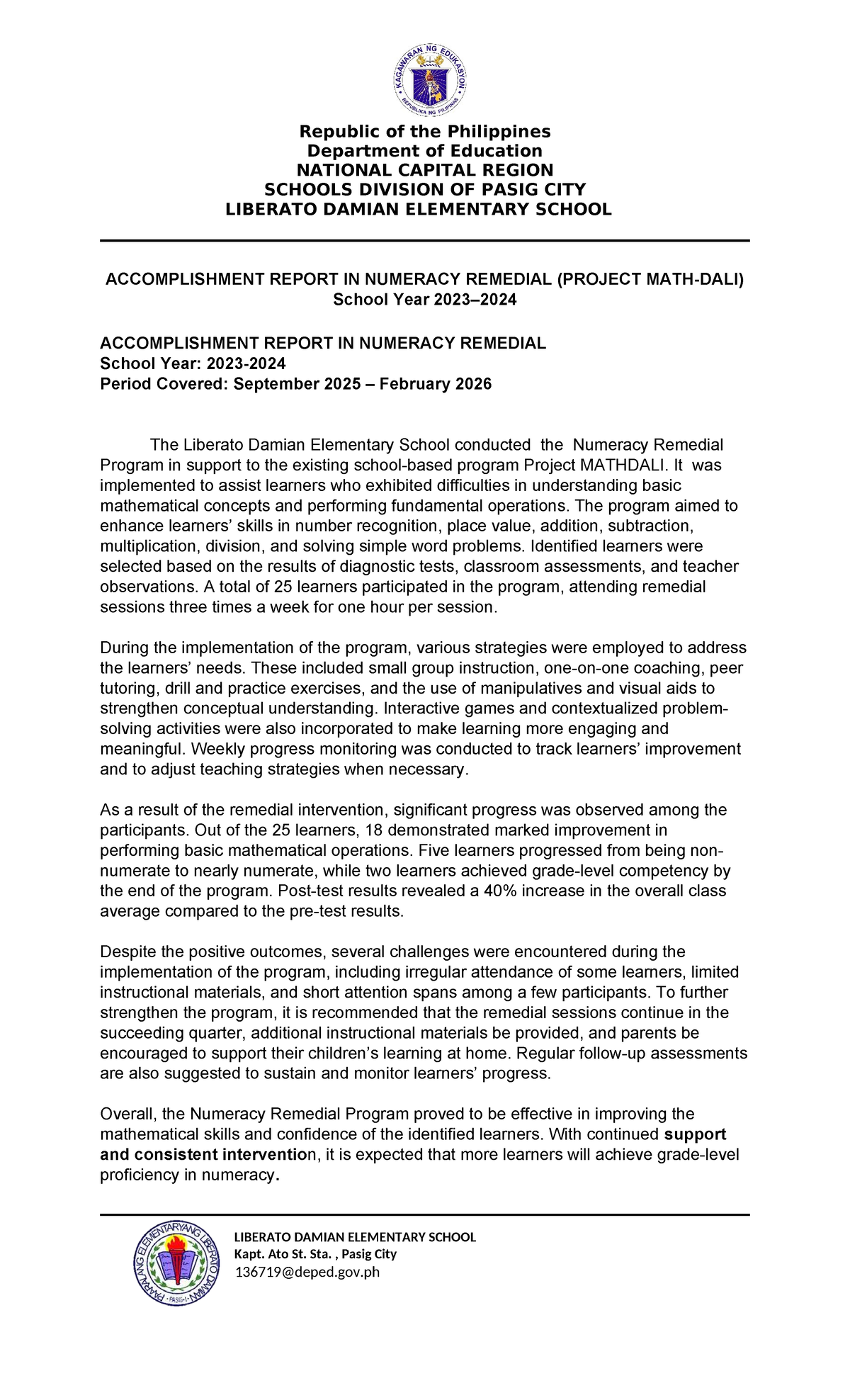 Accomplishment Report: Numeracy Remedial Program (Project MATHDALI ...