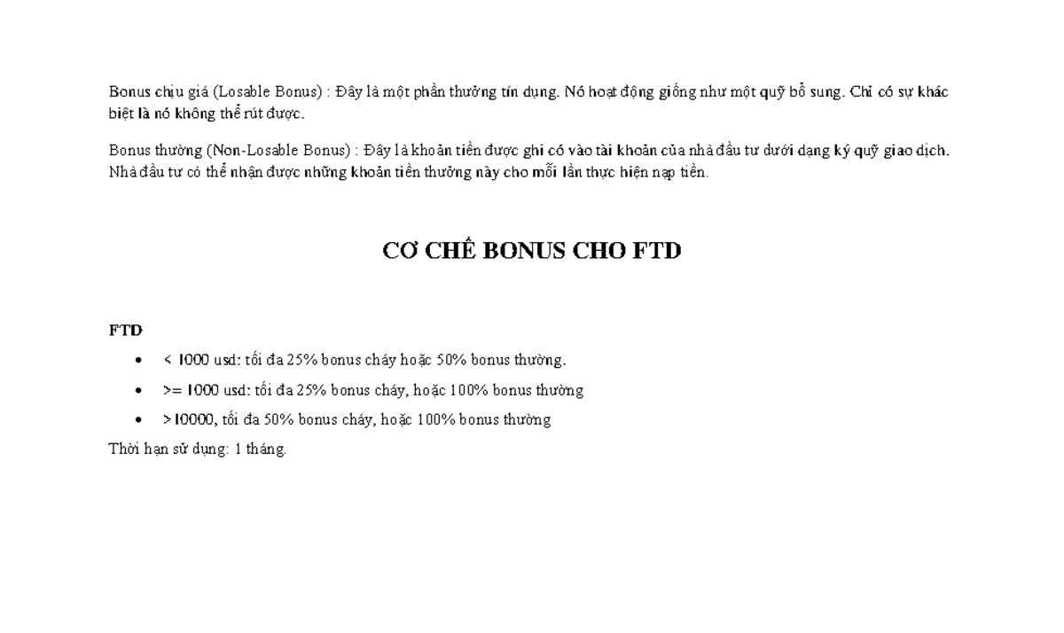 Bonus FTD - gszfda - Bonus chịu giá (Losable Bonus) : Đây là một phần ...