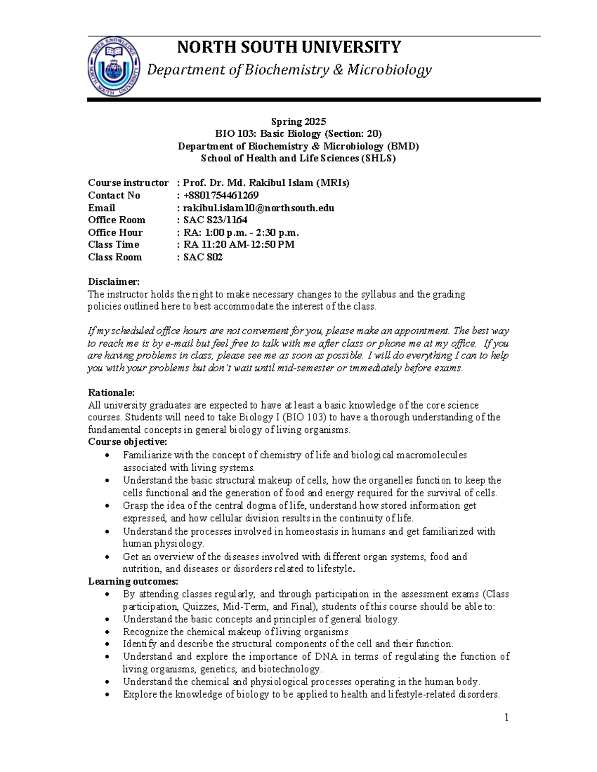 BIO 103.20 Course Outline: Basic Biology Spring 2025 at NSU - Studocu