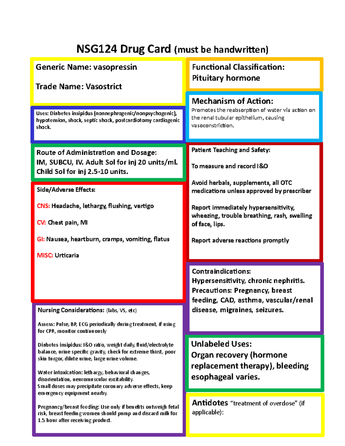 Vasopressin - drug card - NSG124 Drug Card (must be handwritten ...