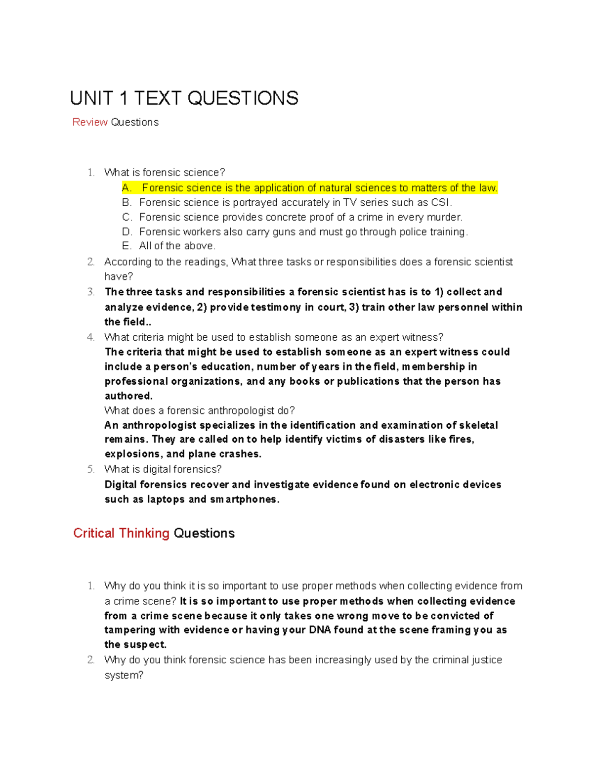 Forensic Science Unit 1 Text Questions & Critical Thinking Insights ...