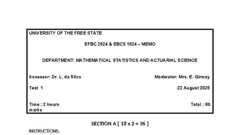 EBCS 1524 Test 1 Memo - Mathematical Statistics & Actuarial Science ...
