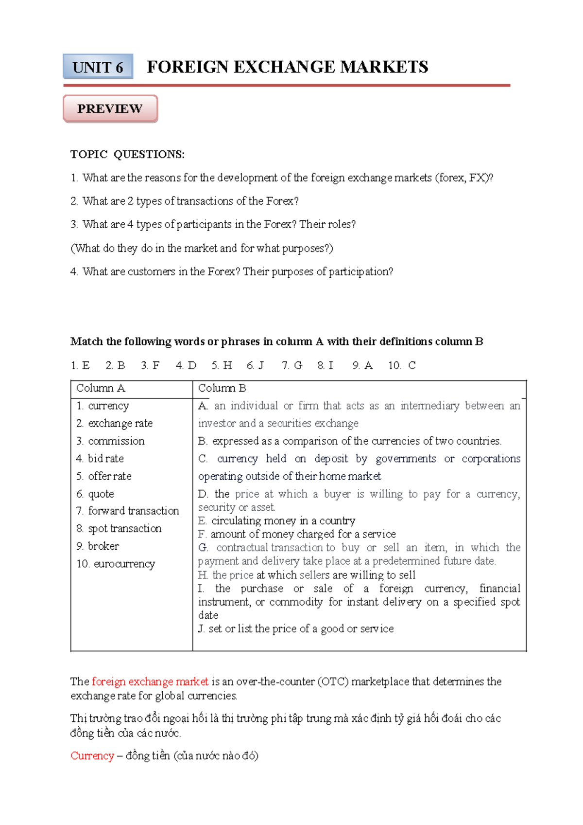 UNIT 6 FOREIGN EXCHANGE MARKETS: PREVIEW & TOPIC QUESTIONS (TACN1 ...