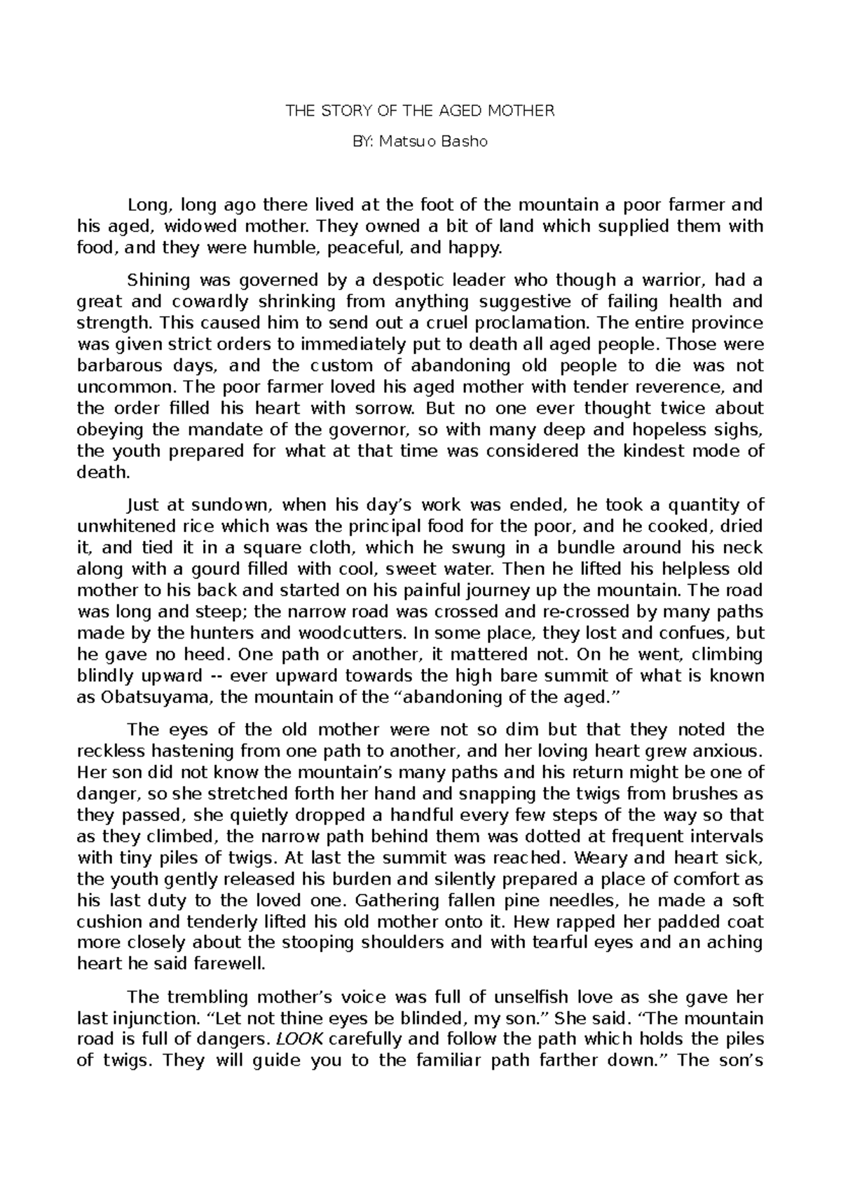 THE Story OF THE AGED Mother - THE STORY OF THE AGED MOTHER BY: Matsuo ...