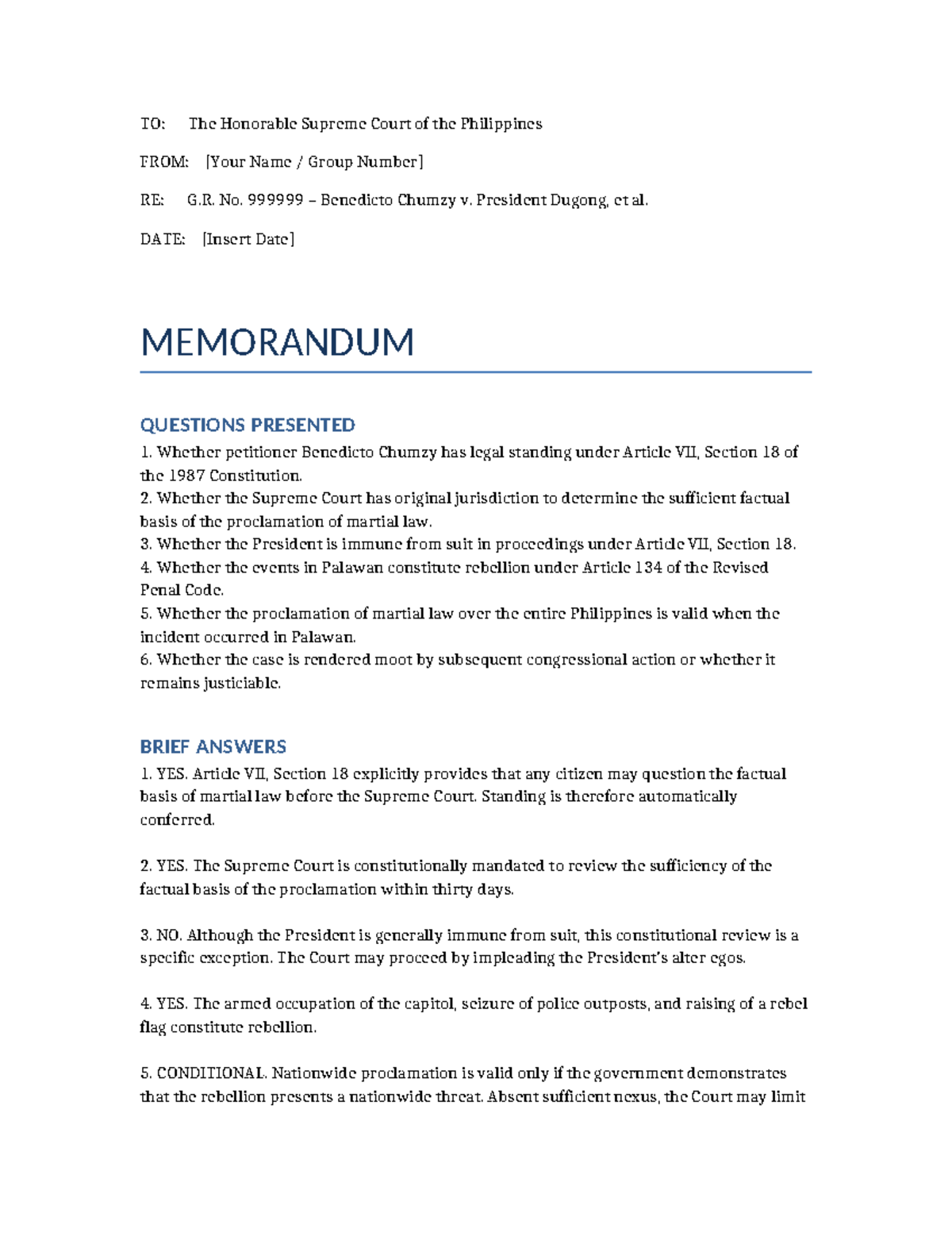 Formal Memorandum on G.R. No. Chumzy v. President Dugong (Assignment 02) - Studocu