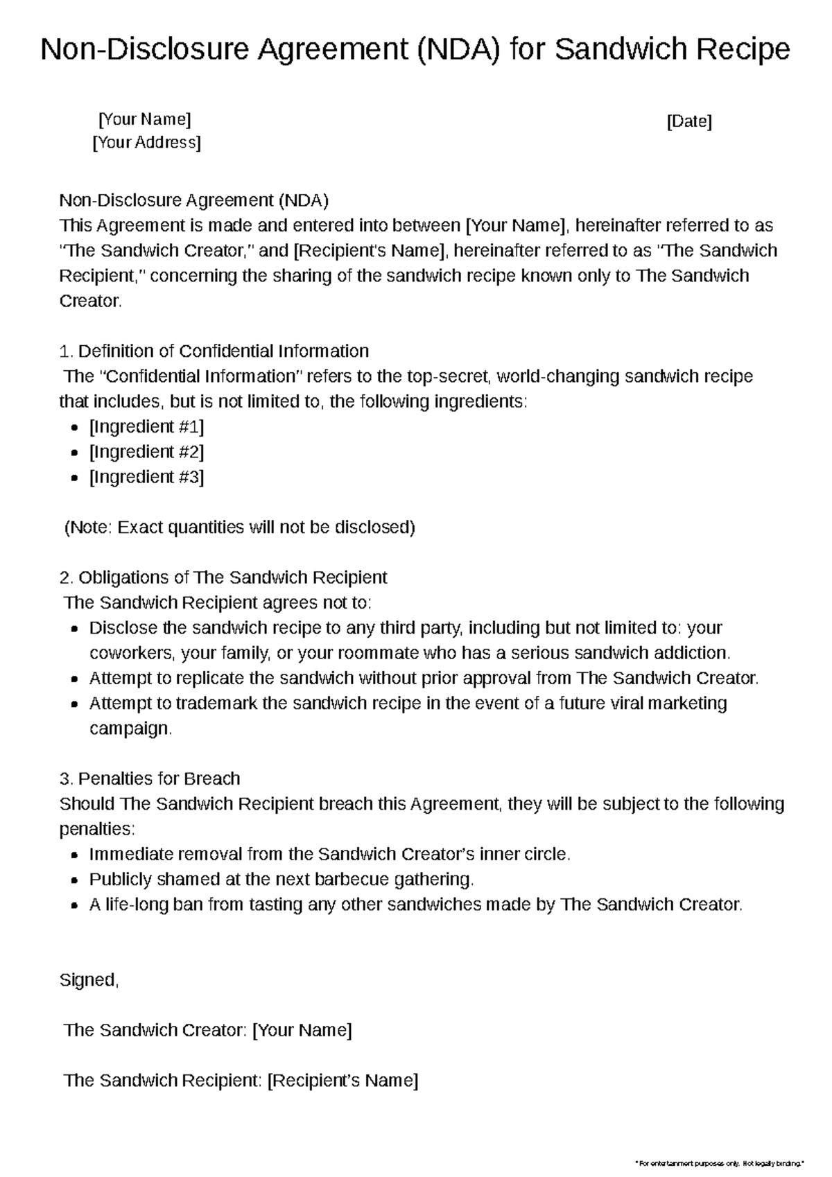Nda For Sandwich Recipe Confidentiality Agreement Details Studocu