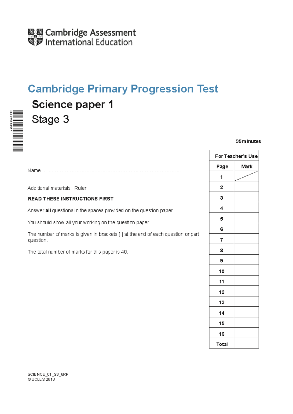 Cambridge Primary Progression Test Science Paper 1 Stage 3 - 2018 - Studocu