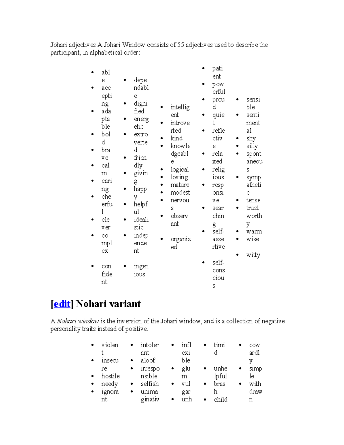 Johari & Nohari Adjectives: Positive & Negative Traits - Studocu