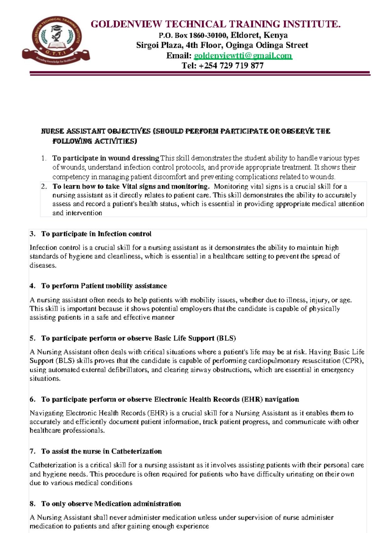 nurse assistant clinical practicum Objectives 3 - GO GOLDENVIEW TECHNICAL TRAINING INSTITUTE. P ...