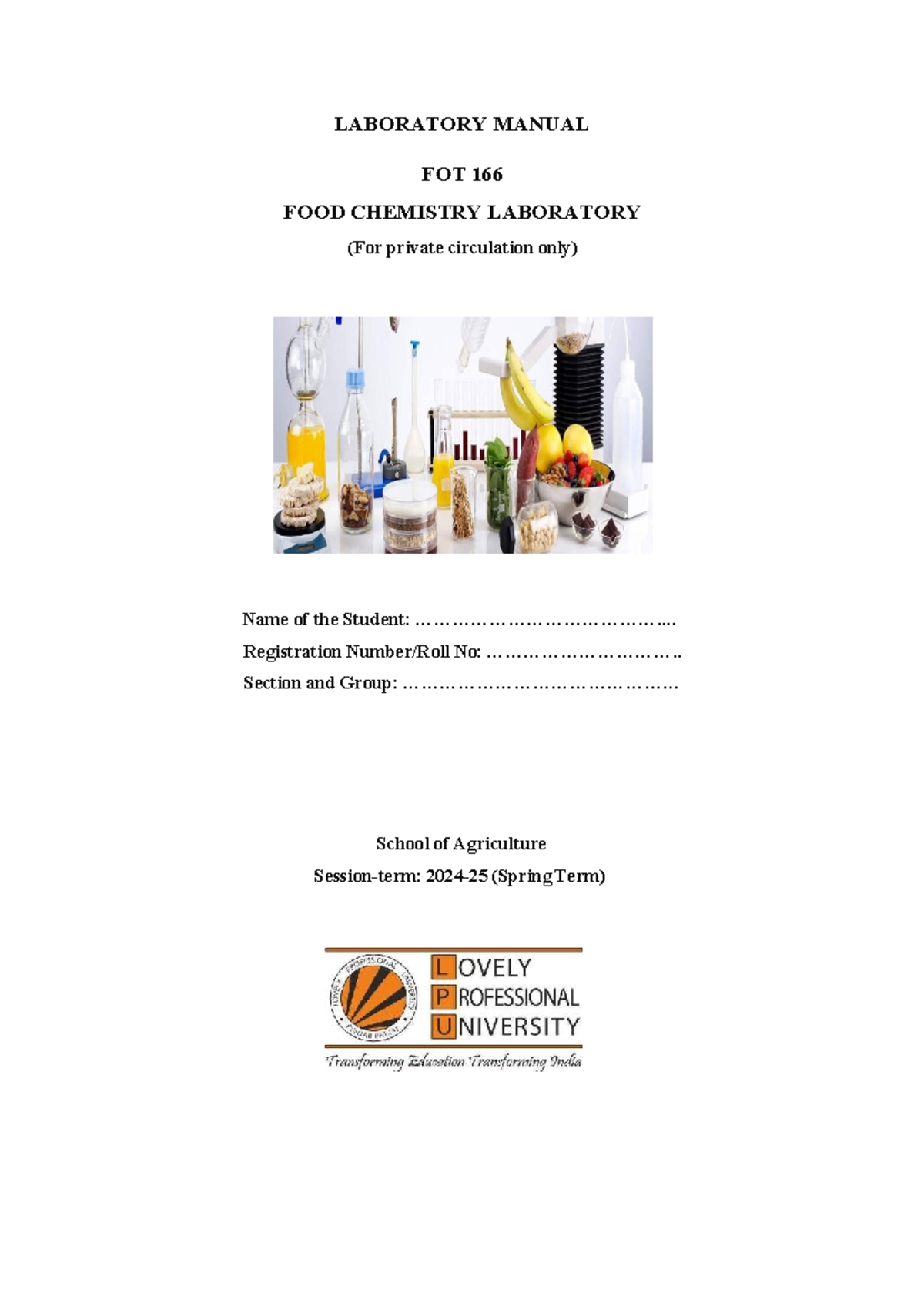 FOT166 Food Chemistry Laboratory Manual: Spring Term Guidelines and ...