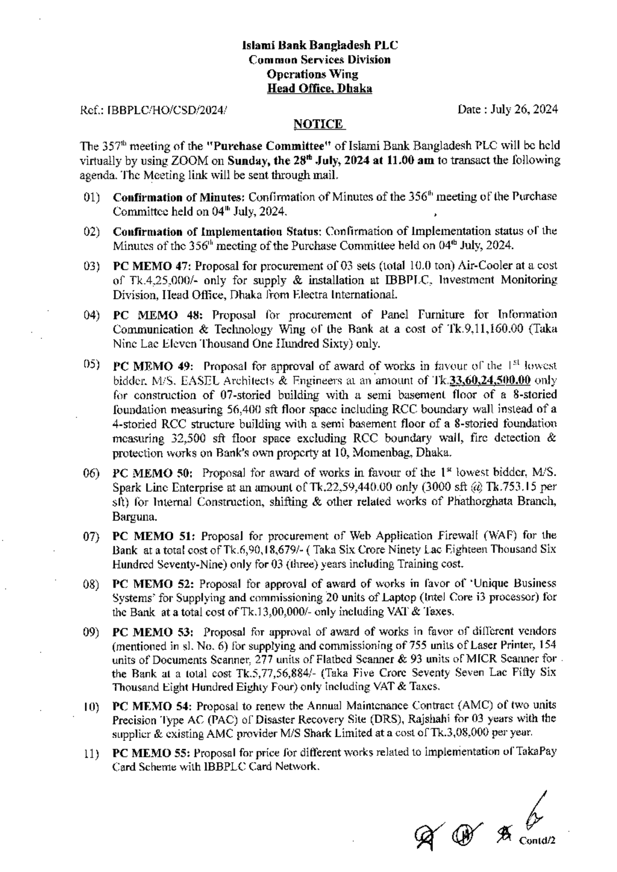 Notice of the 357th Purchase Committee Meeting - IBBPLC - Studocu