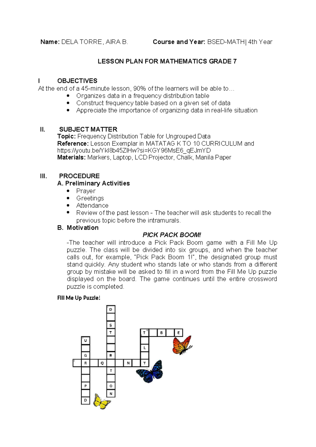 4th Year Math Lesson Plan: Frequency Distribution Table for Grade 7 ...