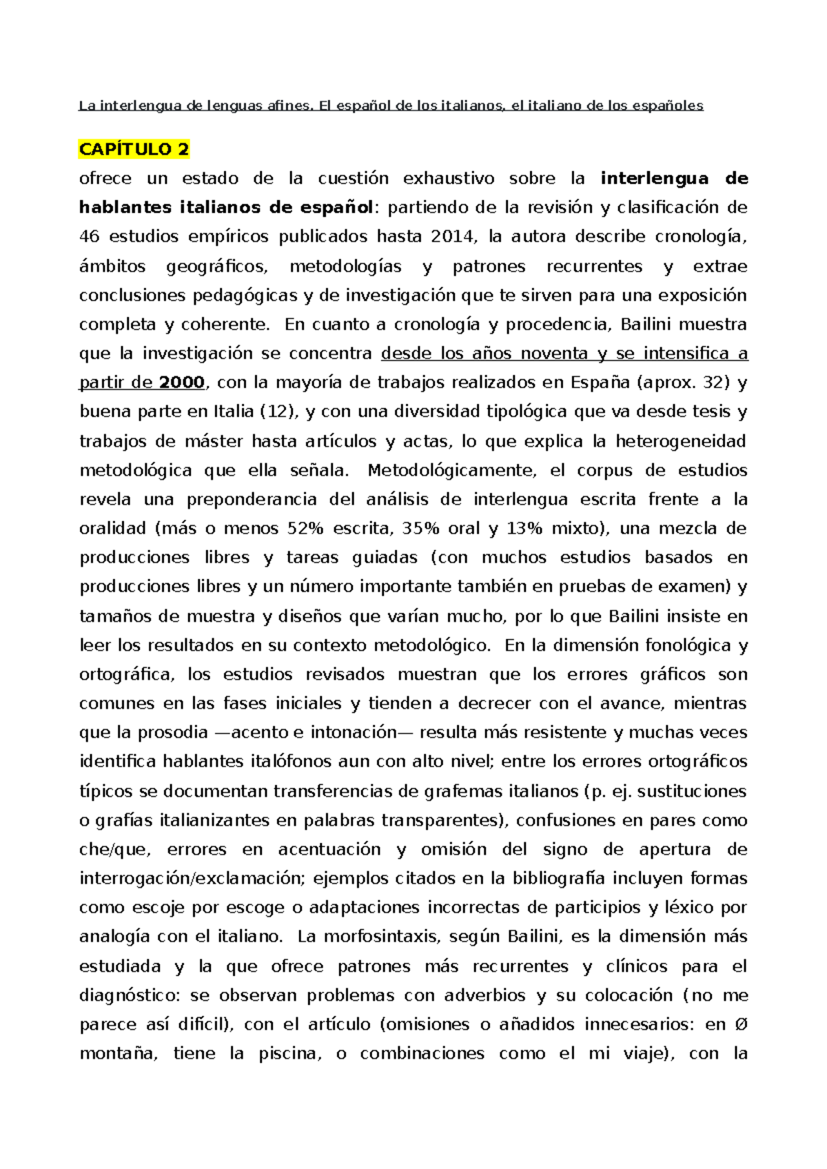Bailini CAPÍTULO 2: Análisis de la Interlengua entre Español e Italiano ...