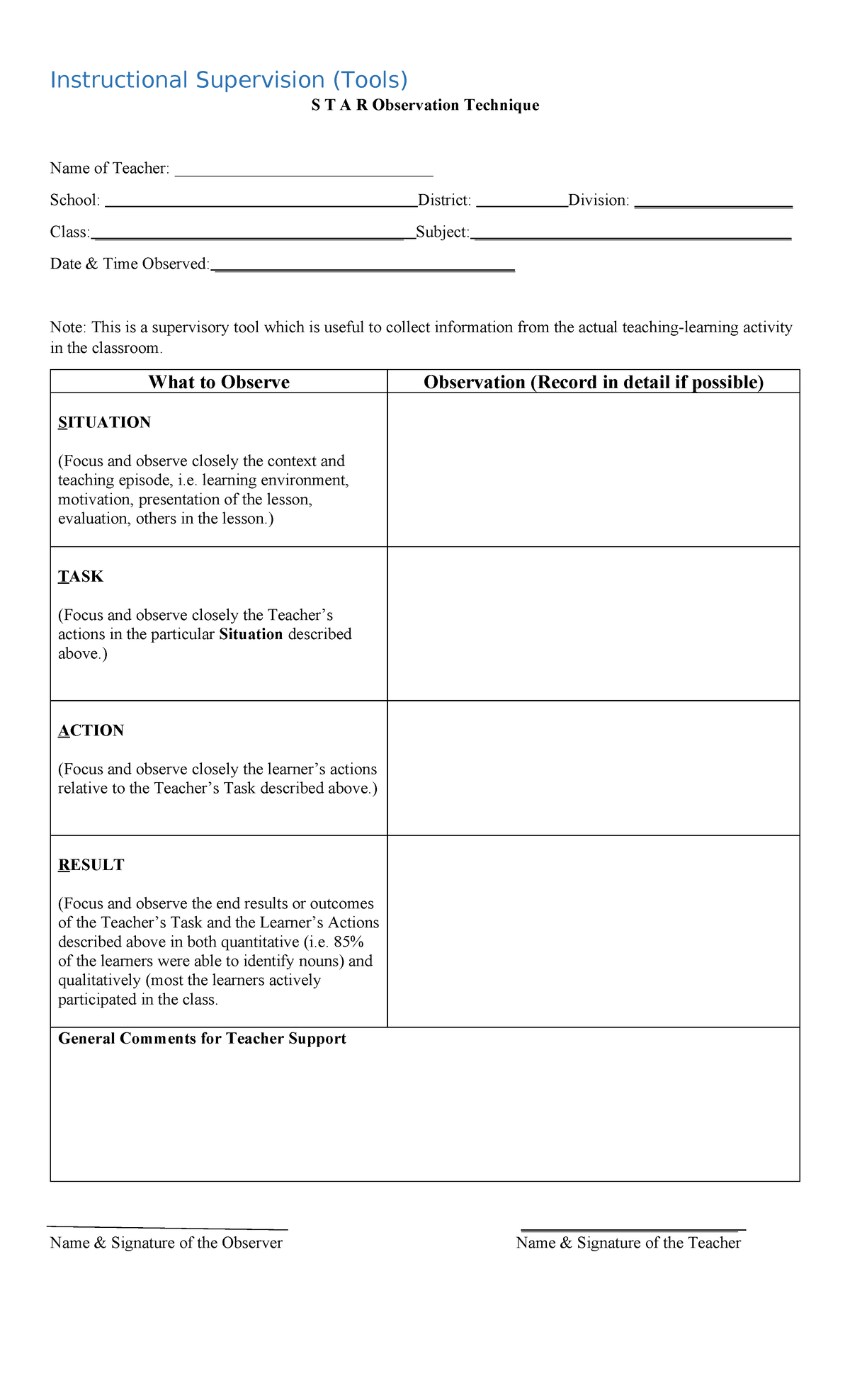 STAR Observation Technique - Instructional Supervision Notes - Studocu