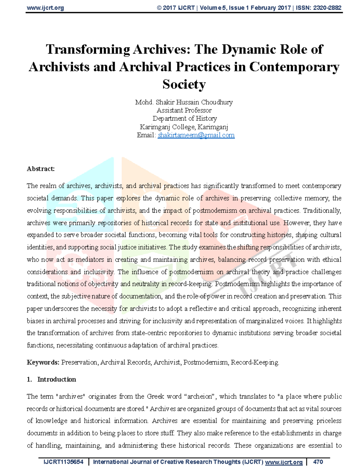 Ijcrt 1135654 - Transforming Archives: The Dynamic Role of Archivists ...