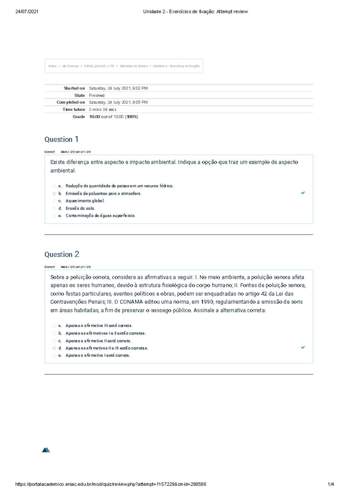 Unidade 2 - Exercícios de fixação Attempt review - Home /My Courses ...