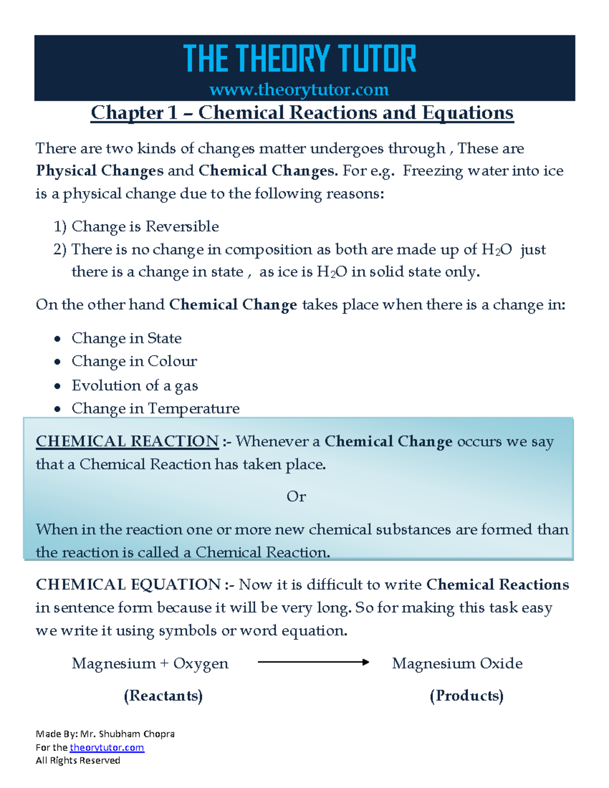Chemical Reactions & Equations: Chapter 1 Overview - Studocu