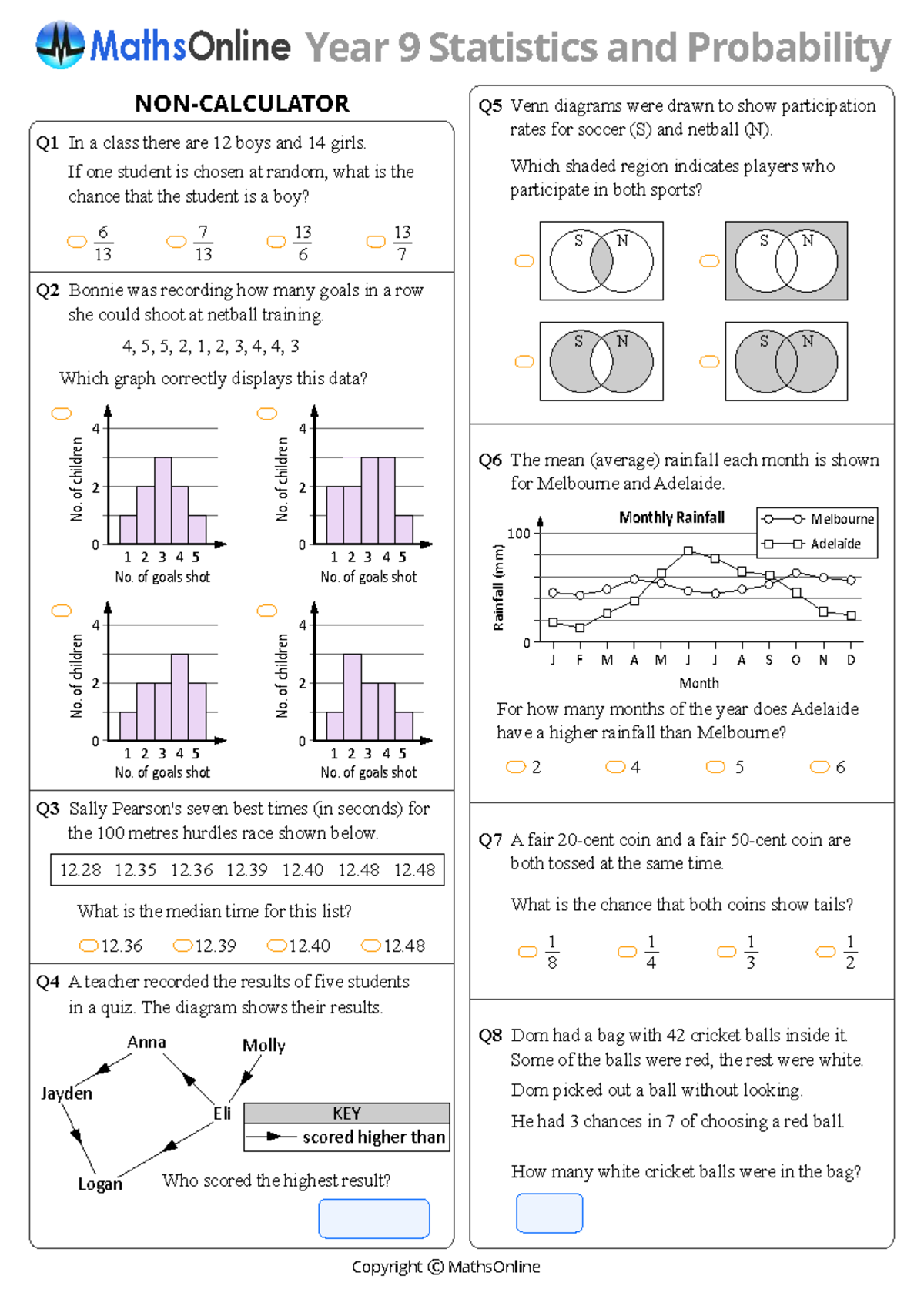 Year 9 Maths Revision: Statistics & Probability Non-Calc Qs - Studocu
