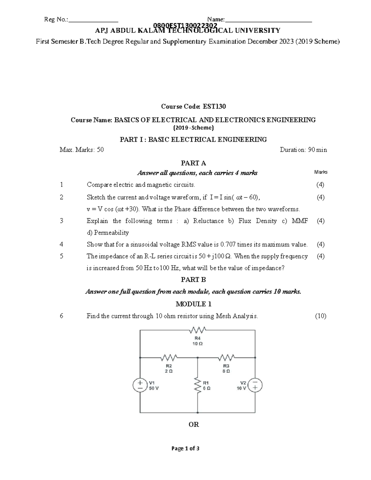 EST130 - B.Tech Basics of Electrical & Electronics Engg QP Dec 2023 ...