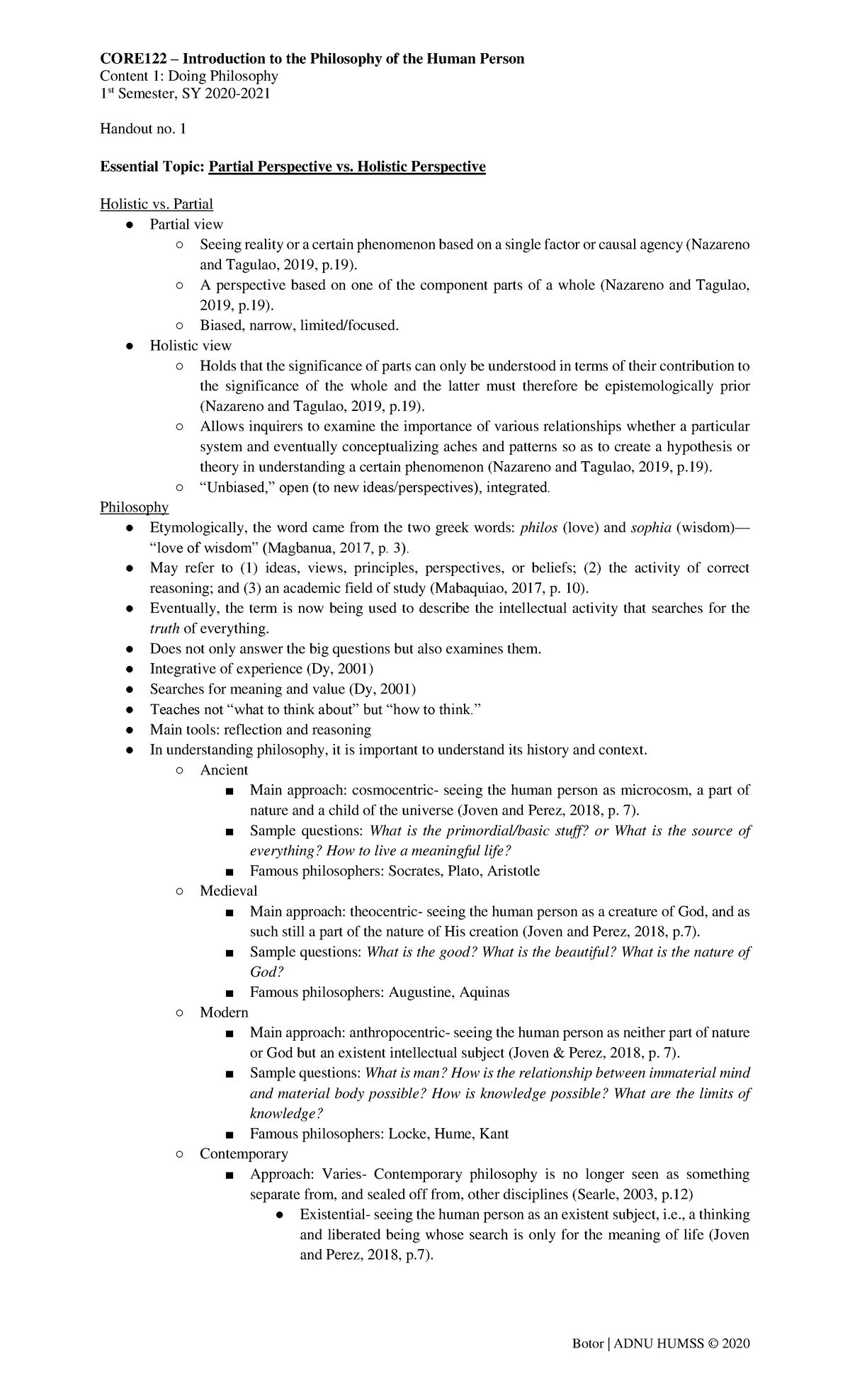 CORE122 Handout 1: Understanding holistic vs. partial perspectives in ...