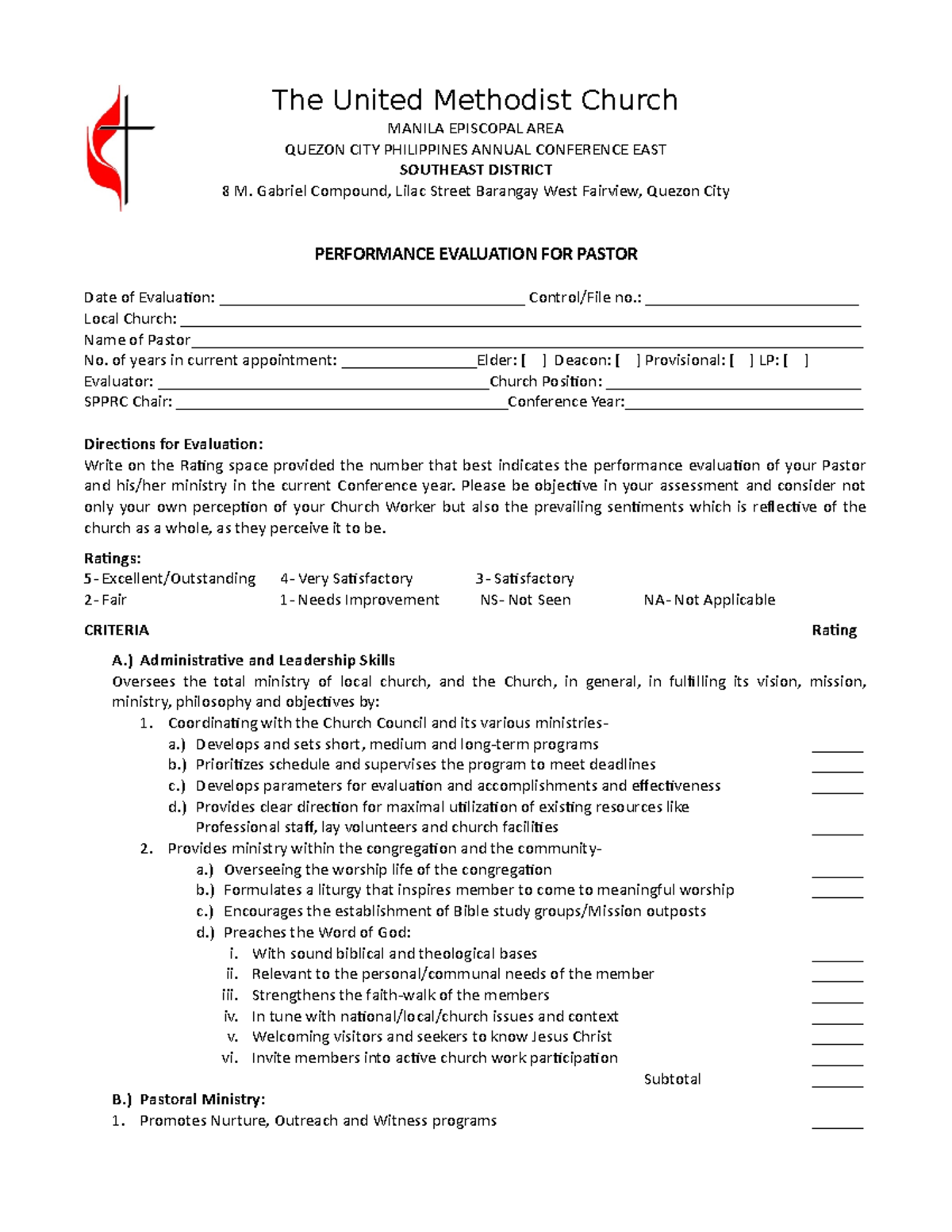 Performance Evaluation for Pastor - United Methodist Church (UMC) - Studocu