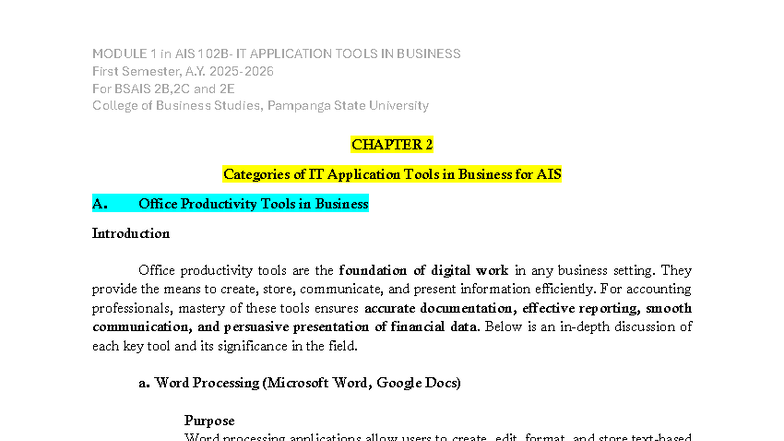MODULE 1: Chapter 2 - IT Application Tools in Business for BSAIS 2B, 2C ...