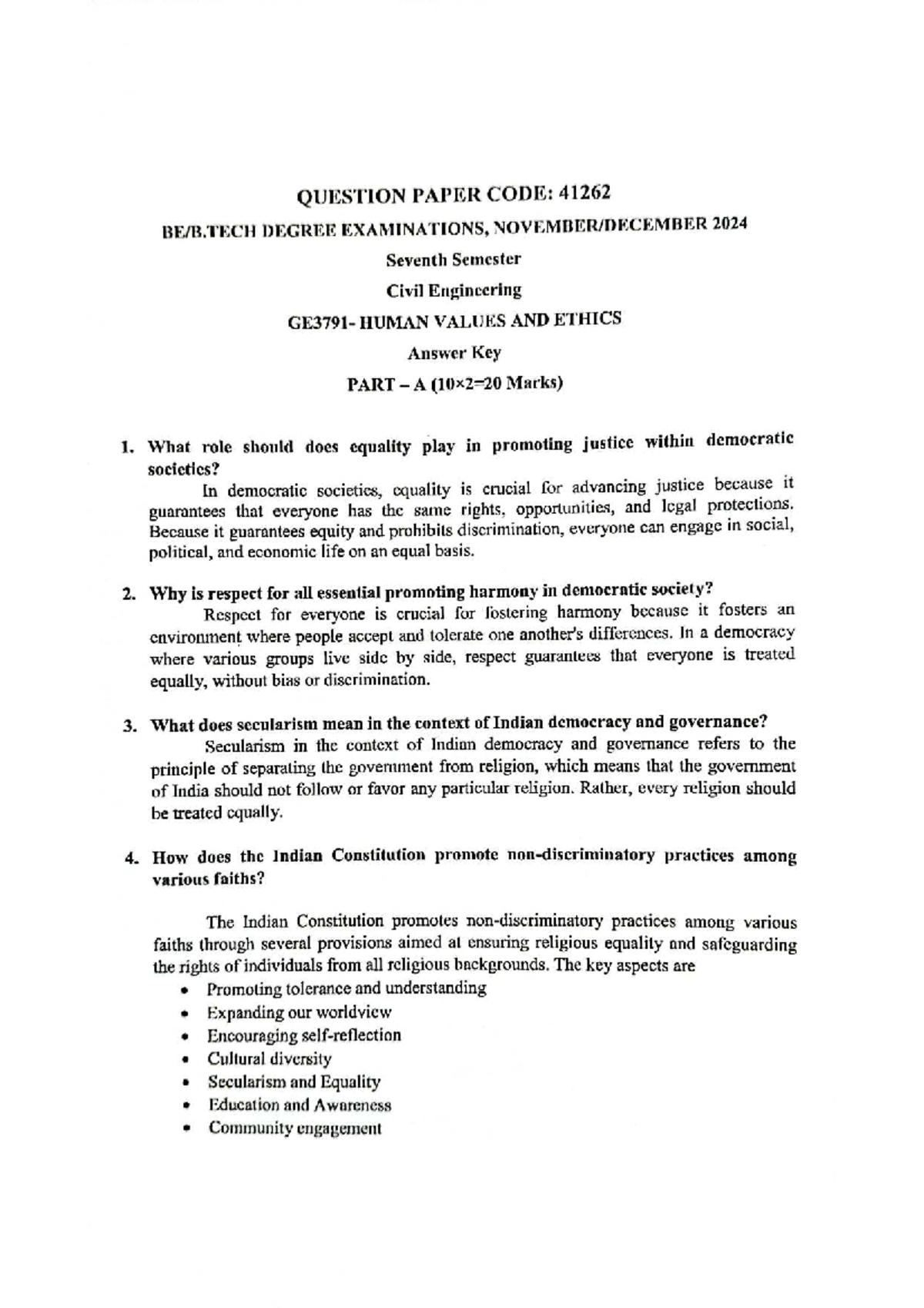 Human Values and Ethics Answer Key - 41262 Dec 2024 Exam - Studocu