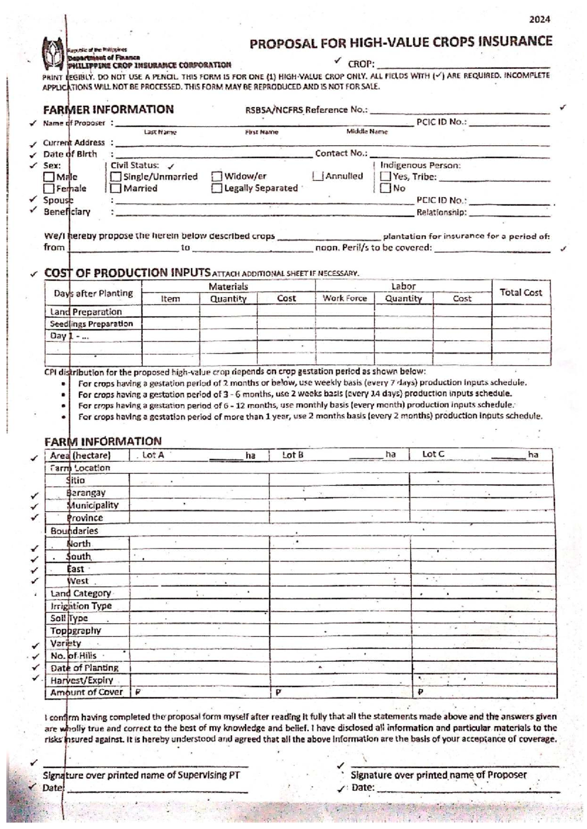 2024 Proposal for Crop Insurance - PCIC Application Form - Studocu