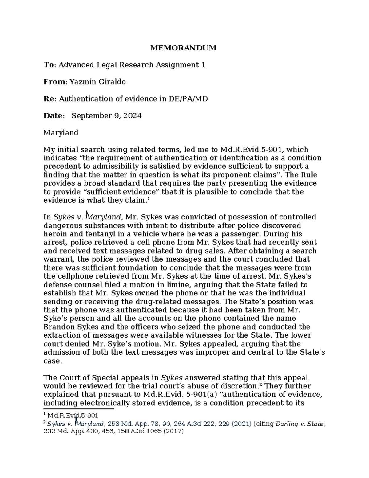 Assignment 1 - Advanced Legal Research - MEMORANDUM To: Advanced Legal ...