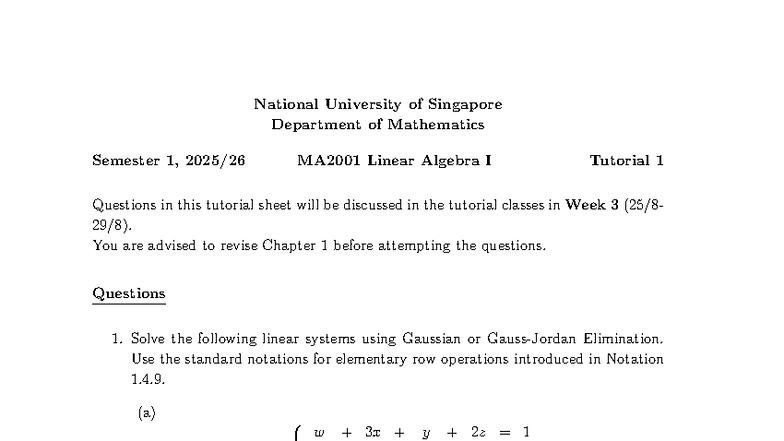 MA2001 Linear Algebra I Tutorial 1: Gaussian Elimination Questions - Studocu