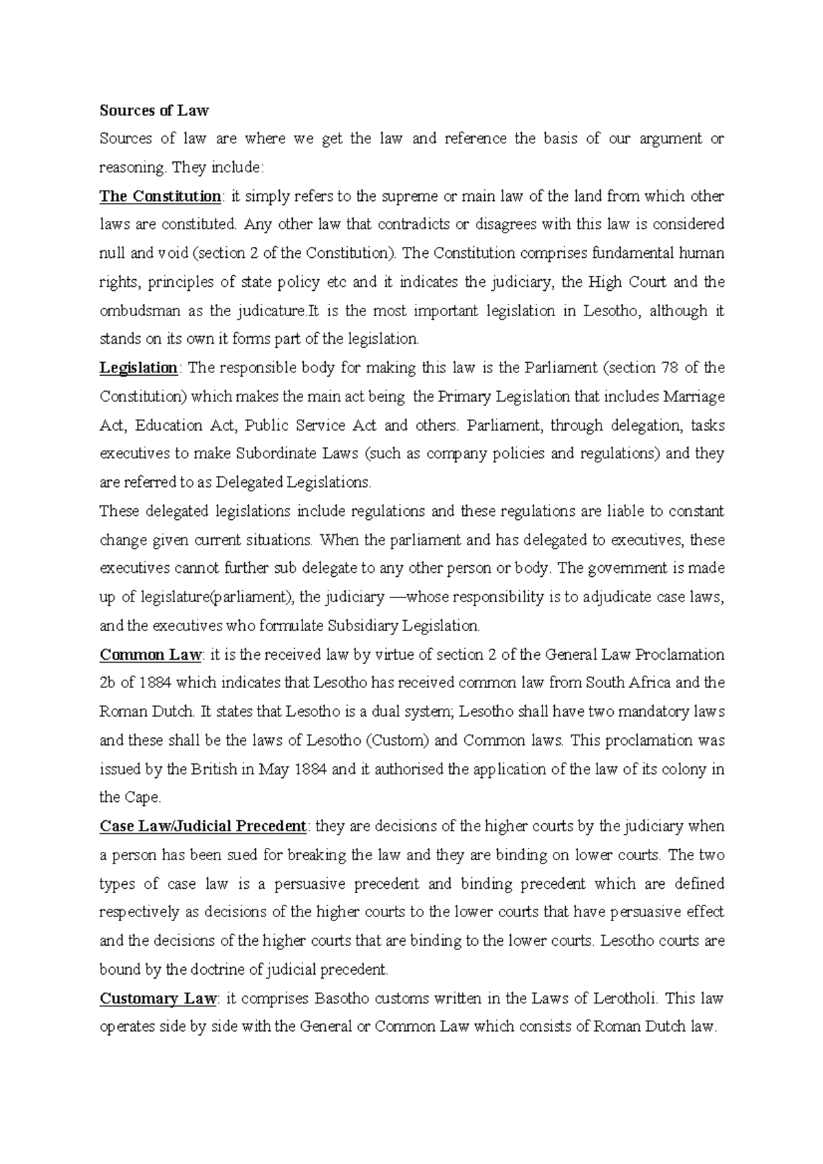 Sources of Law in Lesotho: Constitution, Legislation, and Precedents ...