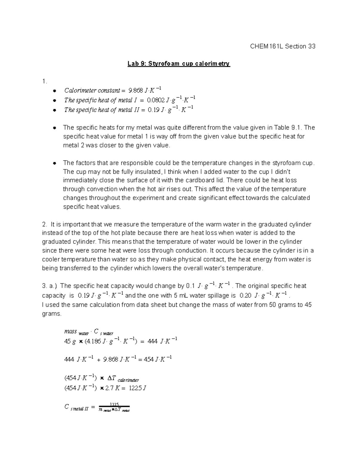CHEM161L Lab 9: Analysis of Styrofoam Cup Calorimetry Results - Studocu