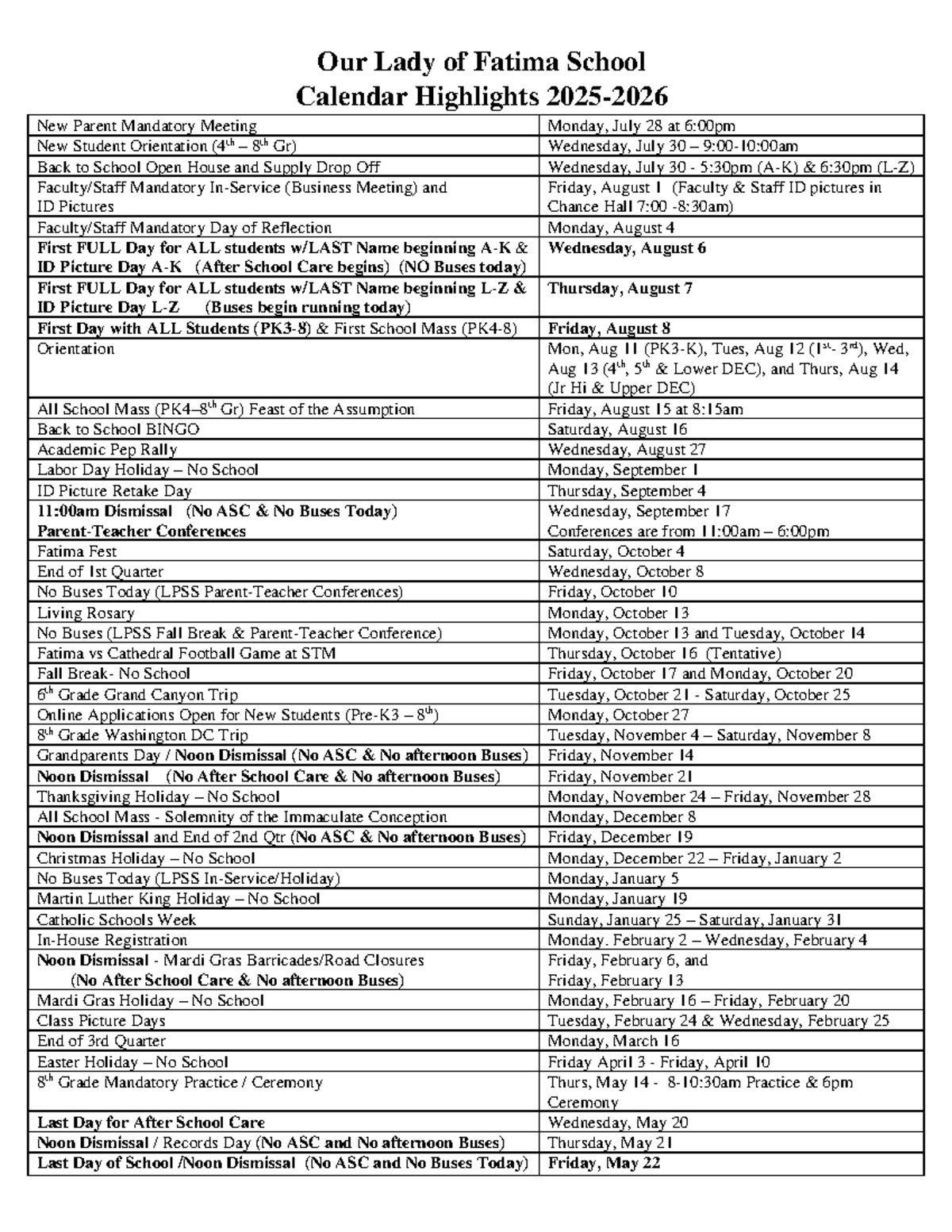2025-26 School Year Calendar Highlights for Our Lady of Fatima - Studocu