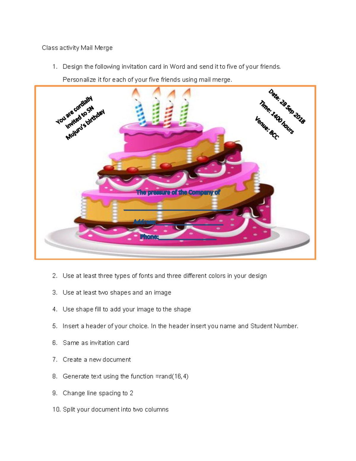 Class Activity: Mail Merge Invitation Card Design 2019 - Studocu