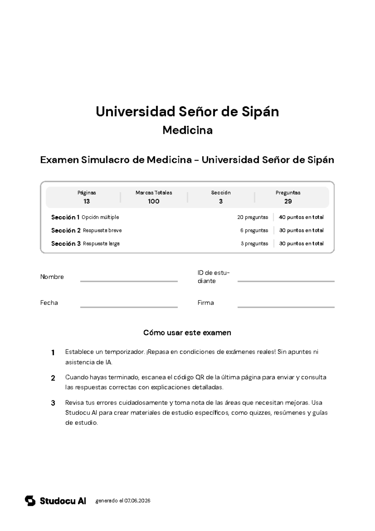 Examen Simulacro de Medicina - Universidad Señor de Sipán - Studocu