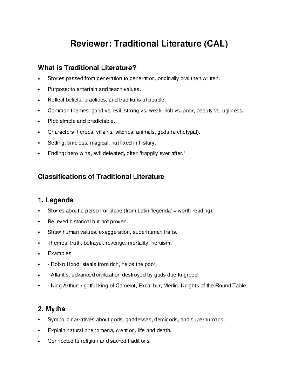 Traditional Literature Overview (CAL): Themes, Types & Examples - Studocu