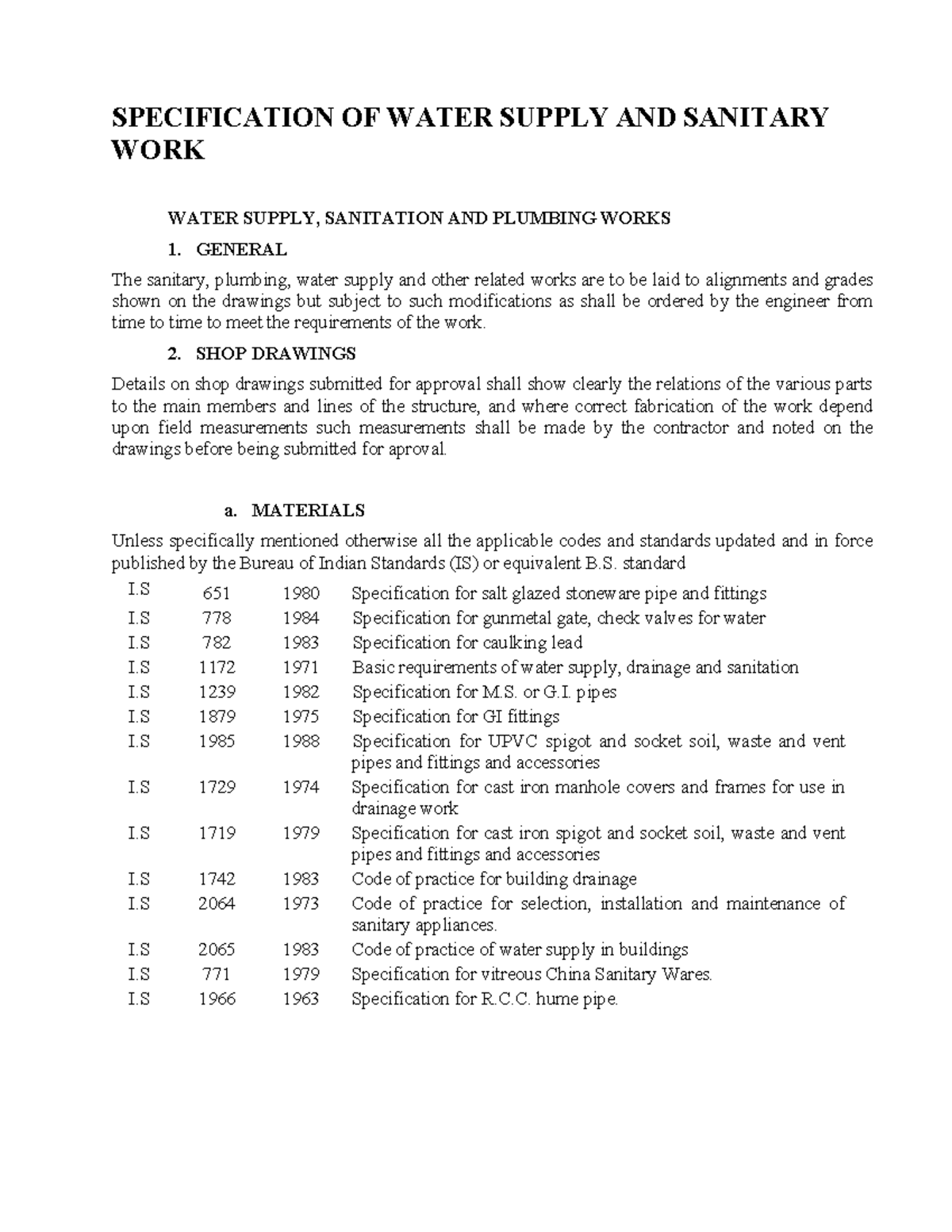 Specification for Water Supply & Sanitary Work (WS 101) - Studocu