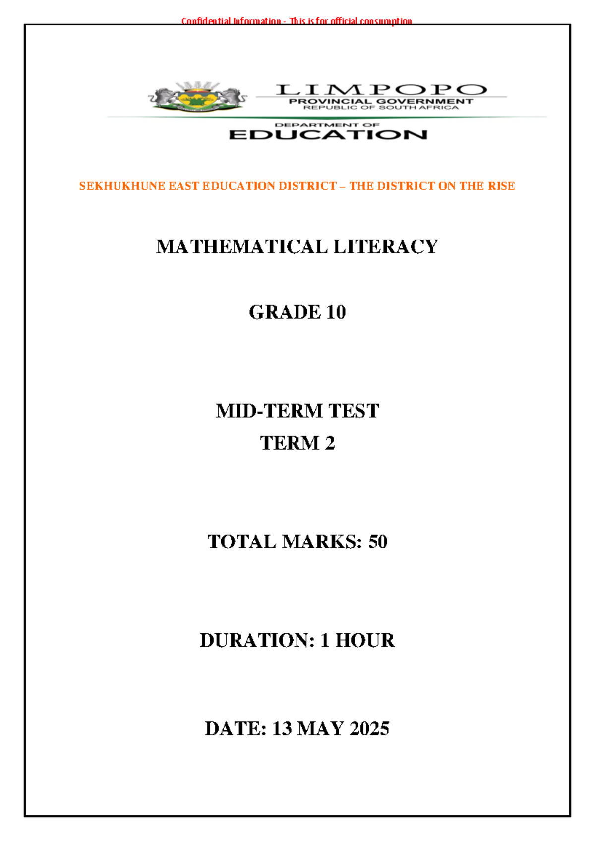 MIDTERM TEST: MATHEMATICAL LITERACY GRADE 10 (MLIT) TERM 2 - Studocu