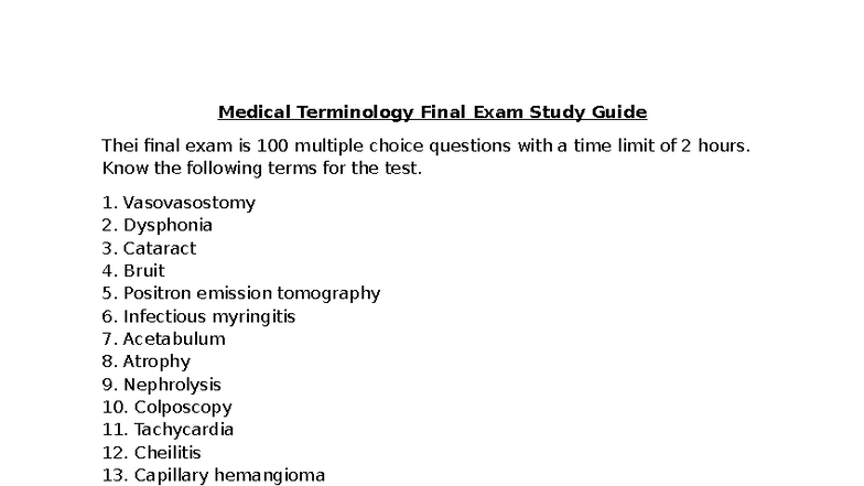 Medical Terminology Final Exam Study Guide (100 MCQs) - Studocu