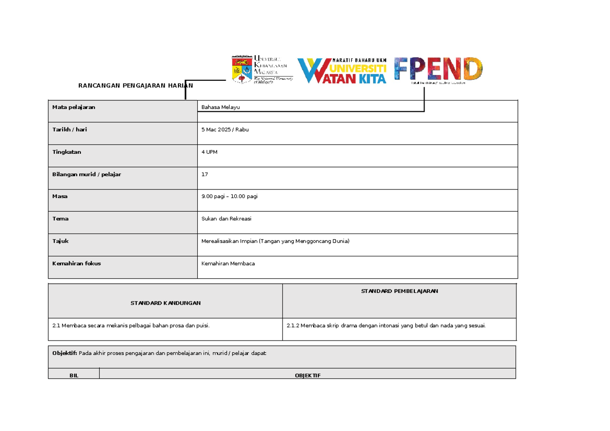 RPH 5.3 T4 - Rph assignment - RANCANGAN PENGAJARAN HARIAN Mata pelajaran Bahasa Melayu Tarikh ...