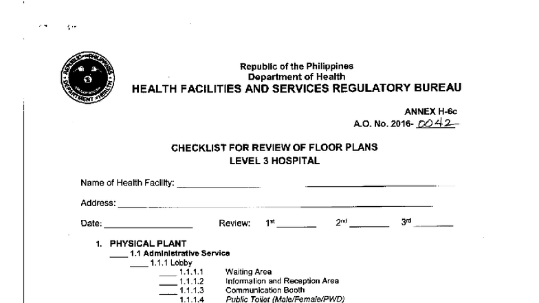 Checklist for Review of Floor Plans - Level 3 Hospital (DOH) - Studocu