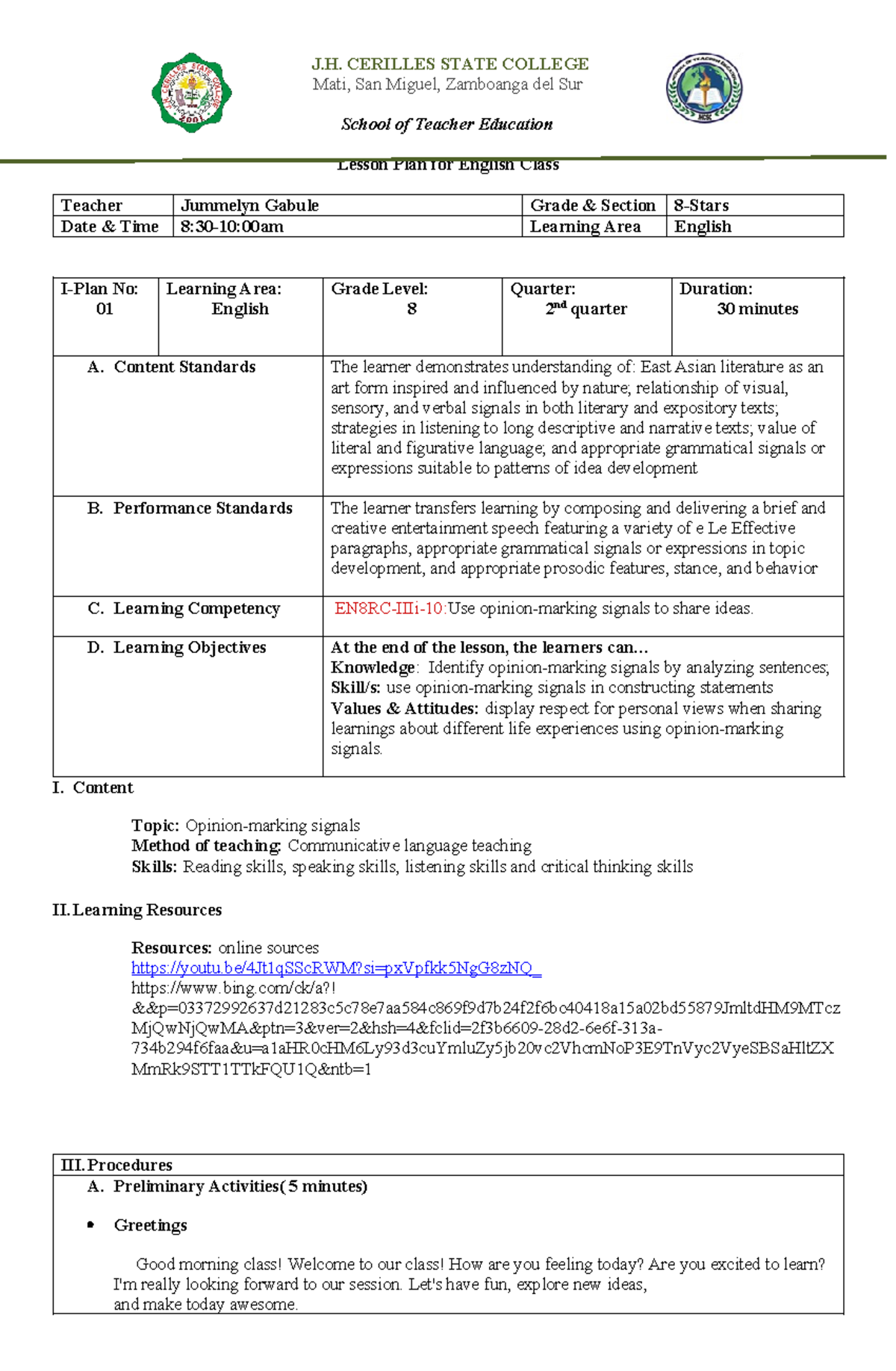 Jummelyn-lp.pdf SIR P - lesson plan of opinion marking signal - J ...