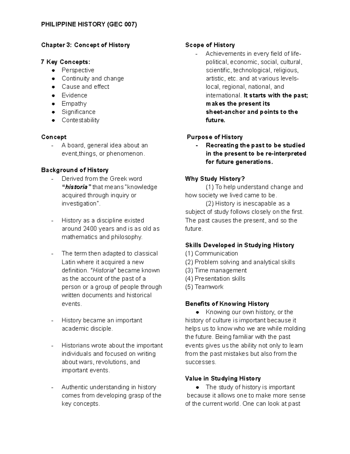 PHILIPPINE HISTORY (GEC 007) Chapter 3: Key Concepts and Importance ...